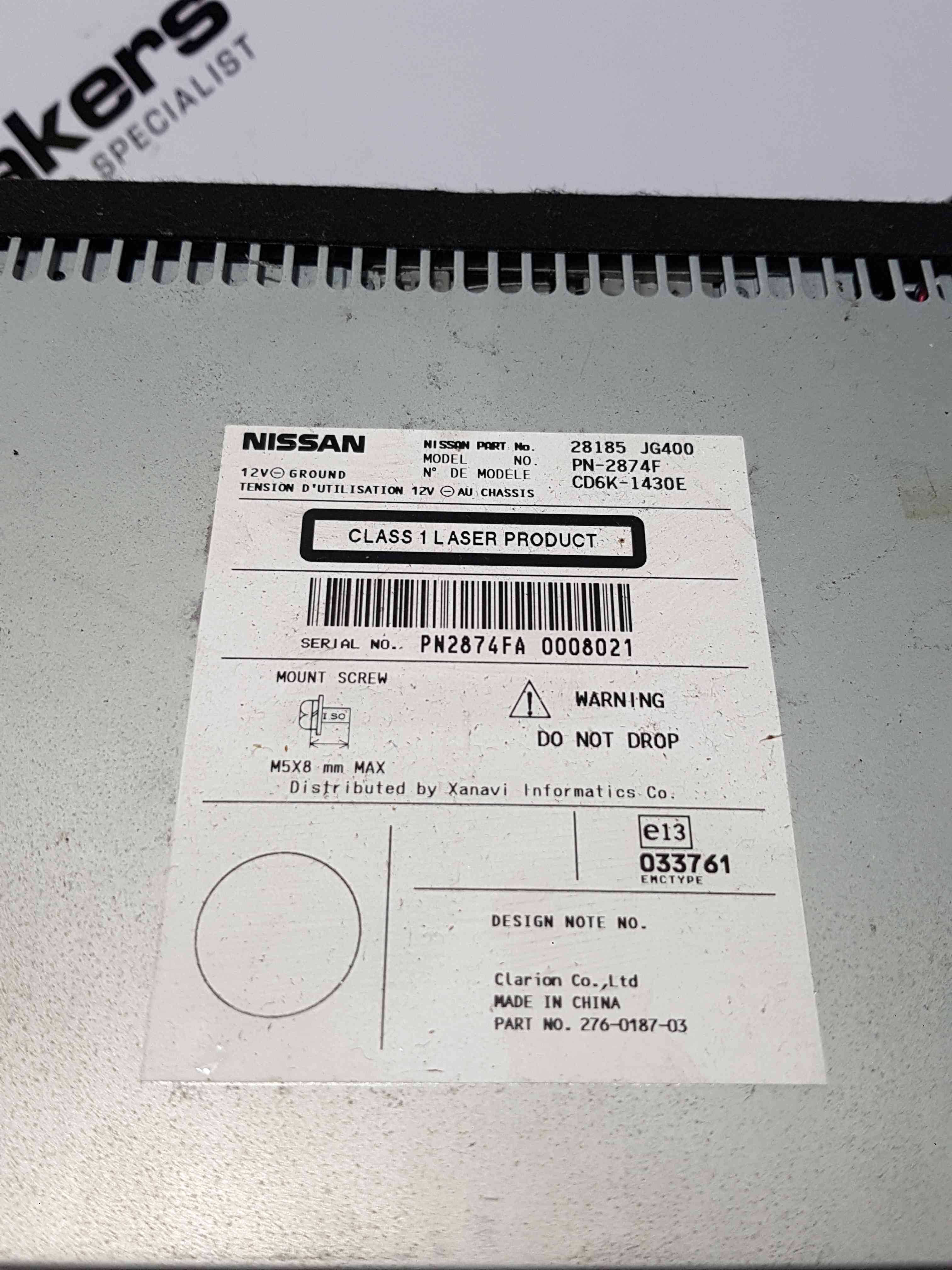 Nissan Qashqai MK2 2006-2013 SAT Nav Cd Player Head Unit 28185Jg400 no ...